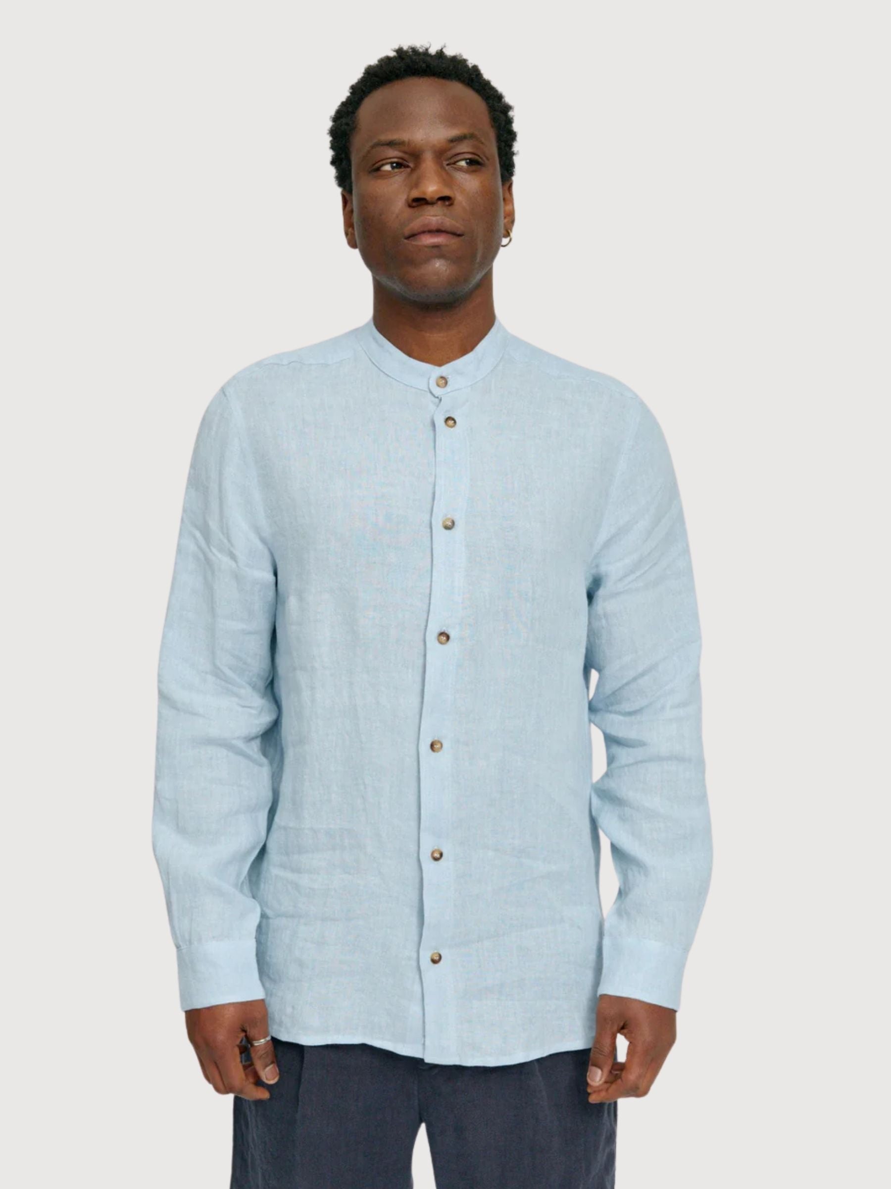Shirt Stand Collar Linen Man Pastel Blue | Mazine